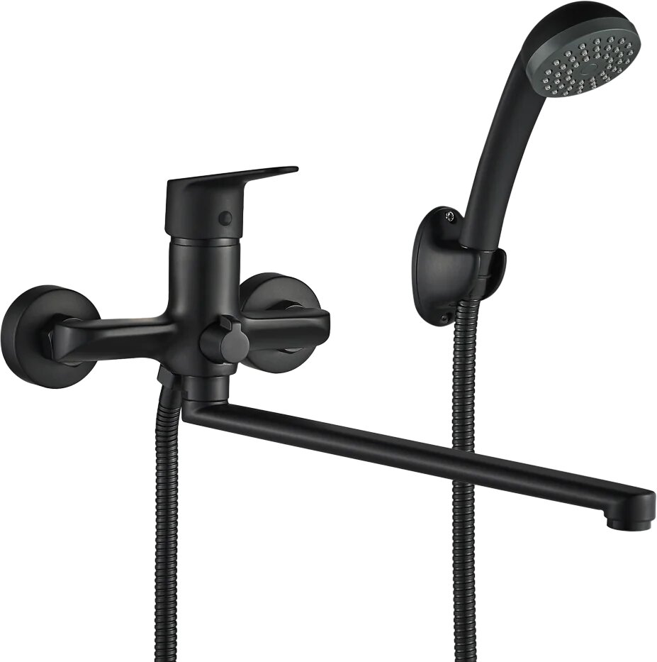 Смеситель с длинным изливом для ванны WesnaArt Nova NOV03-320Black с душевым гарнитуром, поворотный, латунный, черный, матовый, смеситель для ванны с душем, рычажный, с настенным держателем