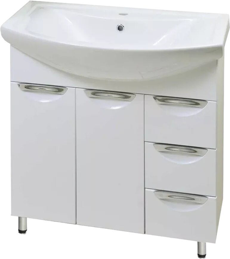 Тумба с раковиной Emmy Милли 80 напольная, 81, 3 см, белая, глянцевая, из МДФ, с ящиками, с дверками, раковина для ванной фарфоровая, полукруглая