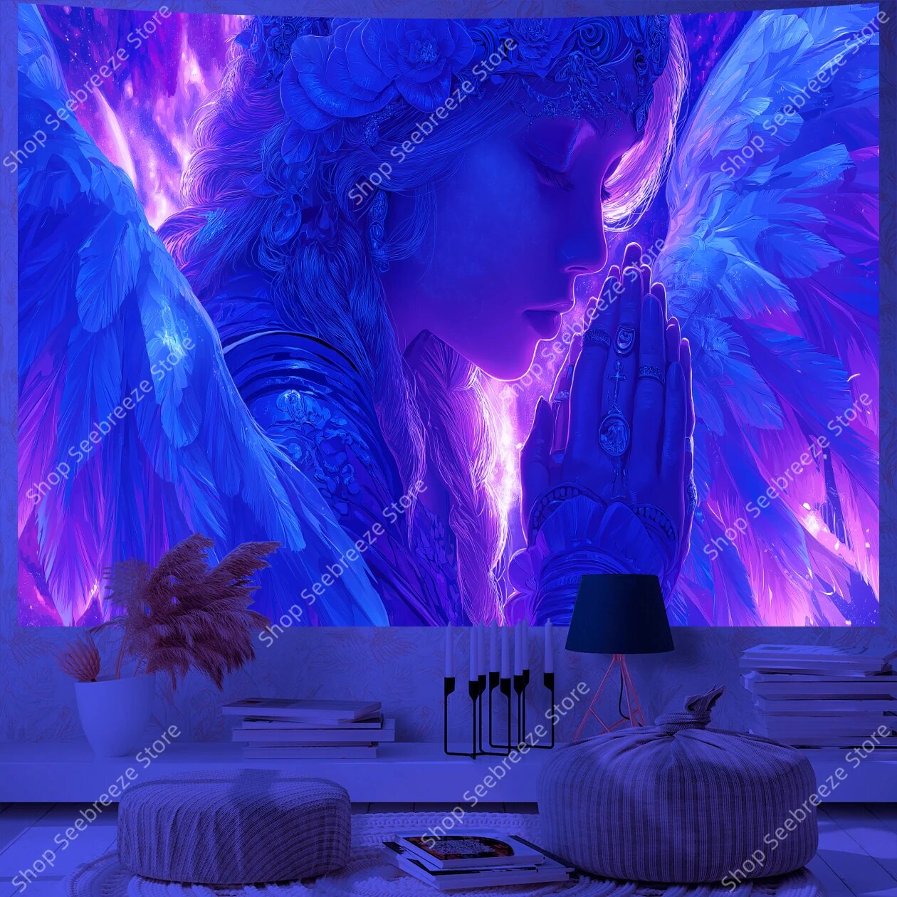 Небесный Serenity Angel УФ-гобелен с перьями и крыльями Мистическая женщина Молитва Искусство Космический мечтательный звездный настенный декор