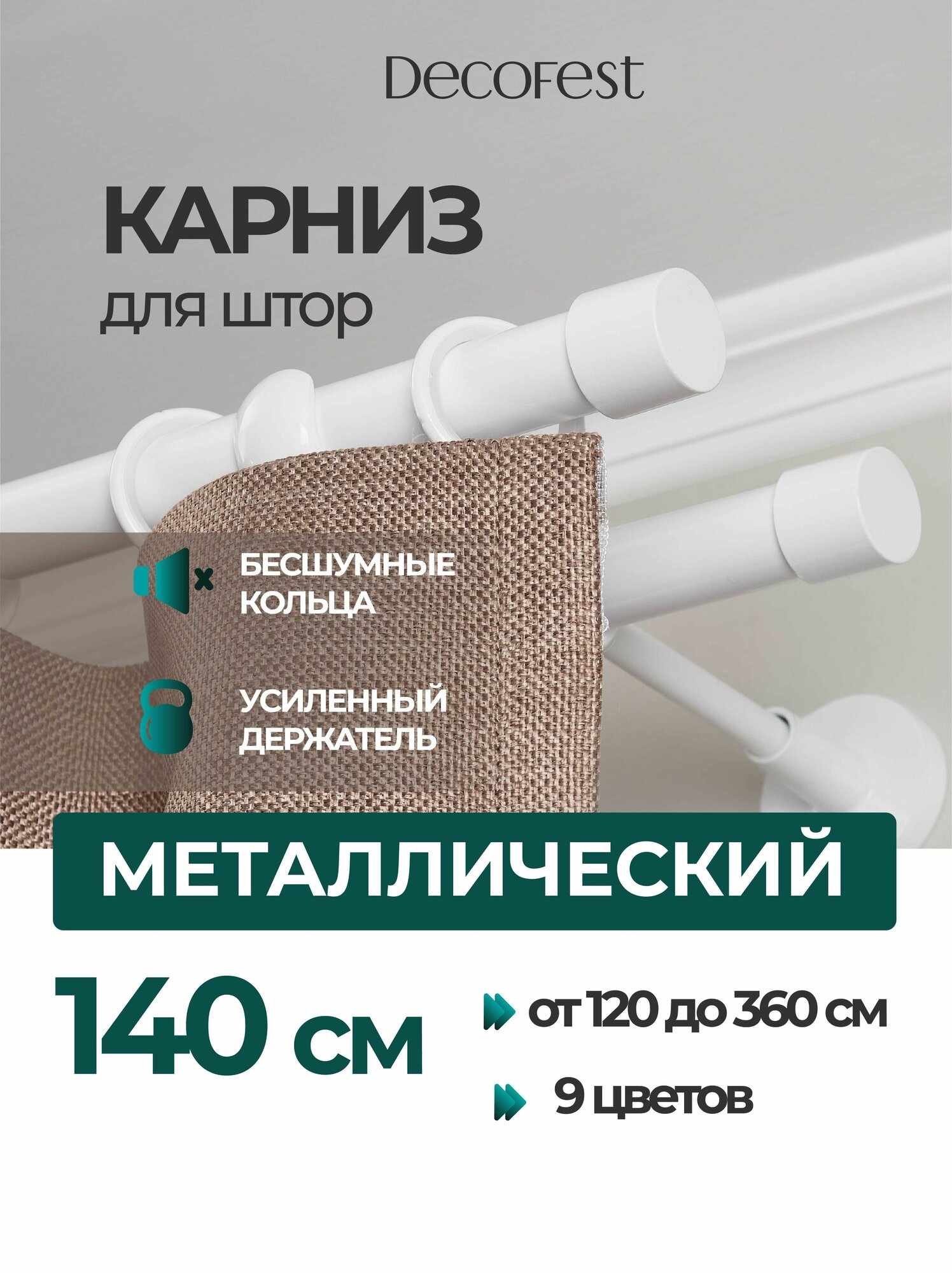 Карниз для штор двухрядный металлический прямой 140 см SET Белый, гардина настенная