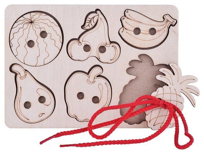 Развивающая игра-шнуровка "Фрукты", детская головоломка на развитие мелкой моторики рук и координации, деревянный планшет с вкладышами, в наборе рамка-вкладыш + шнурок