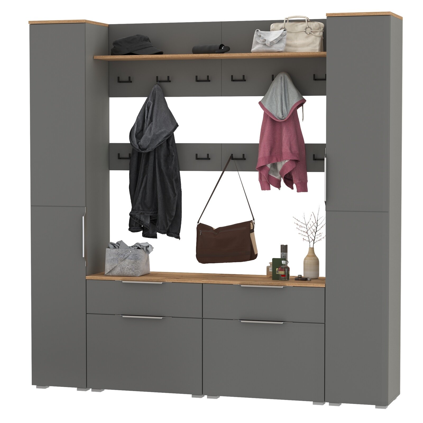 Прихожая комплект мебели для гардеробной, напольная 195см серый графит/дуб крафт золотой/фасады МДФ серый графит