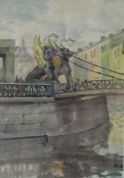 Авторская картина "Грифоны Банковского мостика. Петербург" 42,5х30,5 см, бум, акварель; ручная работа;