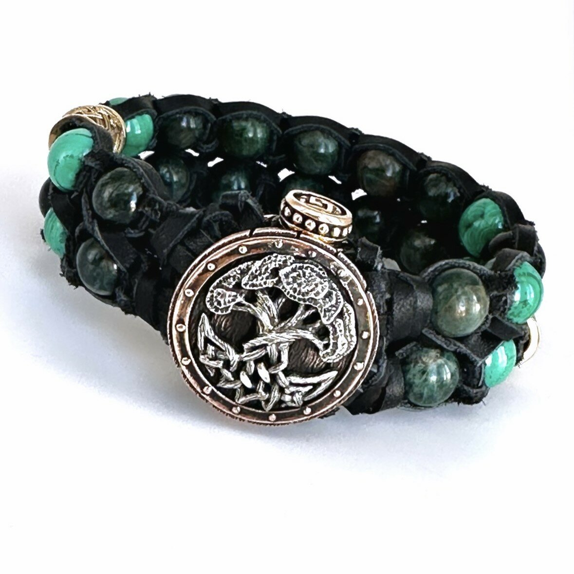 Плетеный браслет Josstone, агат, малахит, кожа, апатит