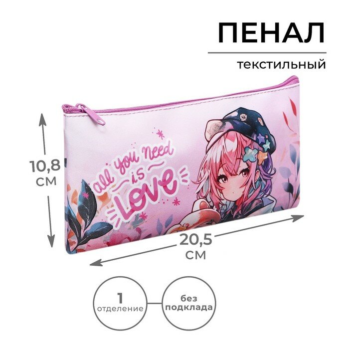 Пенал школьный, текстиль, плоский, 10.8×20.5 см Аниме