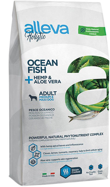Сухой беззерновой корм Alleva Holistic Adult Medium&Maxi для взрослых собак средних и крупных пород, с океанической рыбой, коноплей и алоэ вера, 12 кг