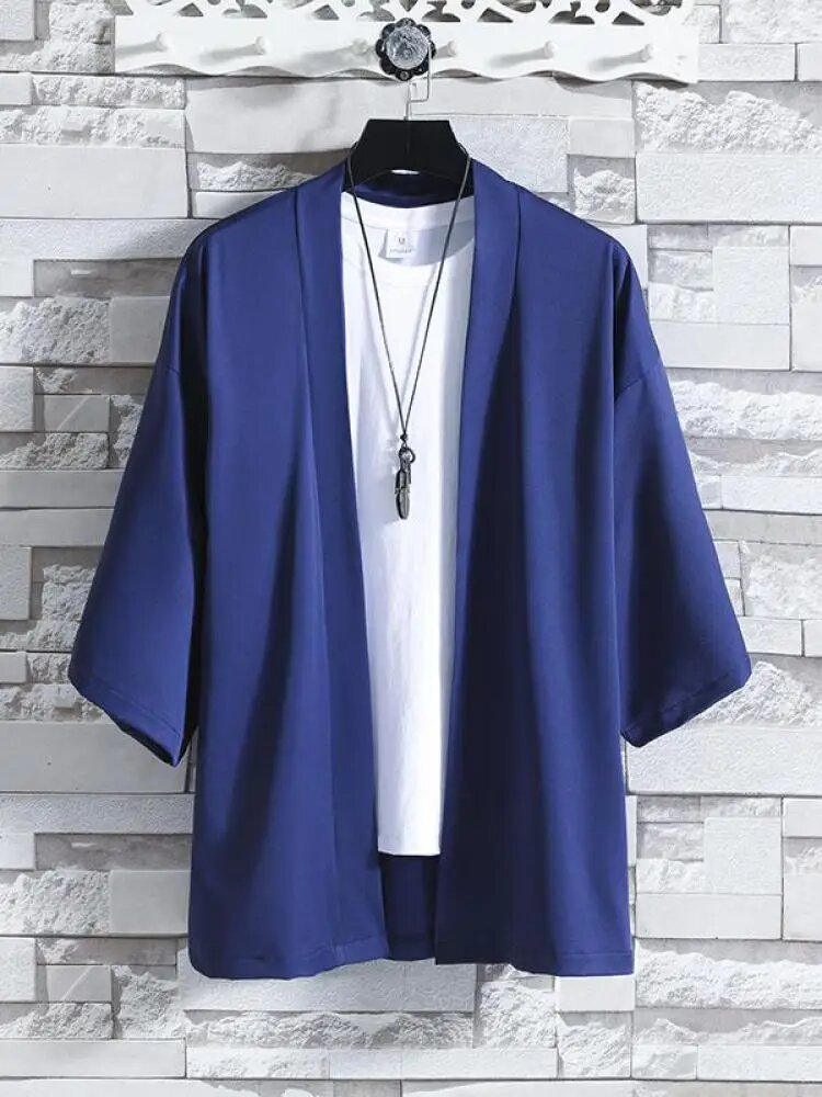 Мужское традиционное кимоно Zeeshant из полиэстера 4XL Темно-синий, L, Blue Kimono Shirts