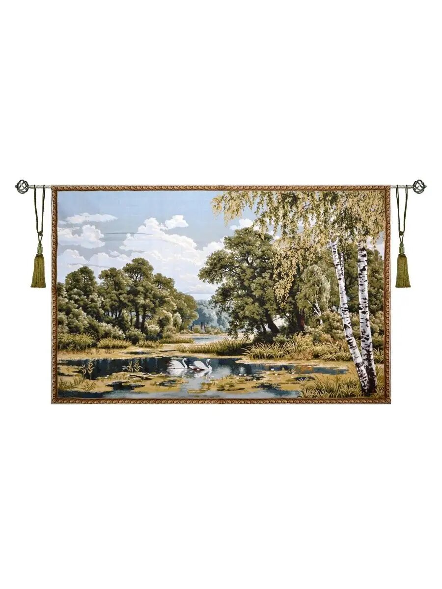 Большой гобелен на стену Пейзаж с лебедями 194х127 см.