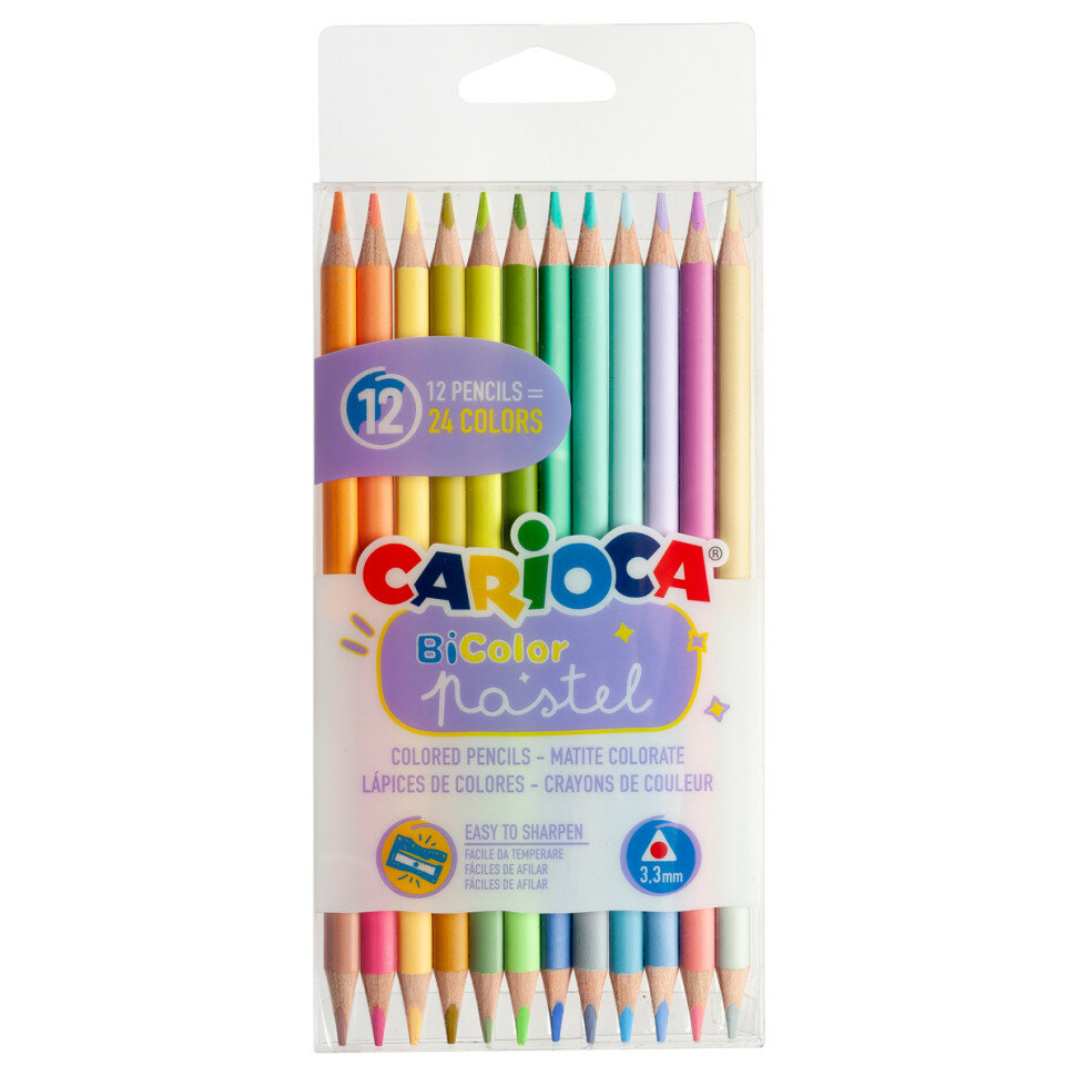Карандаши цветные пастельные двухсторонние Carioca "Bi-Color Pastel", 24цв, 12шт, заточен, ПВХ, европодвес, 373272