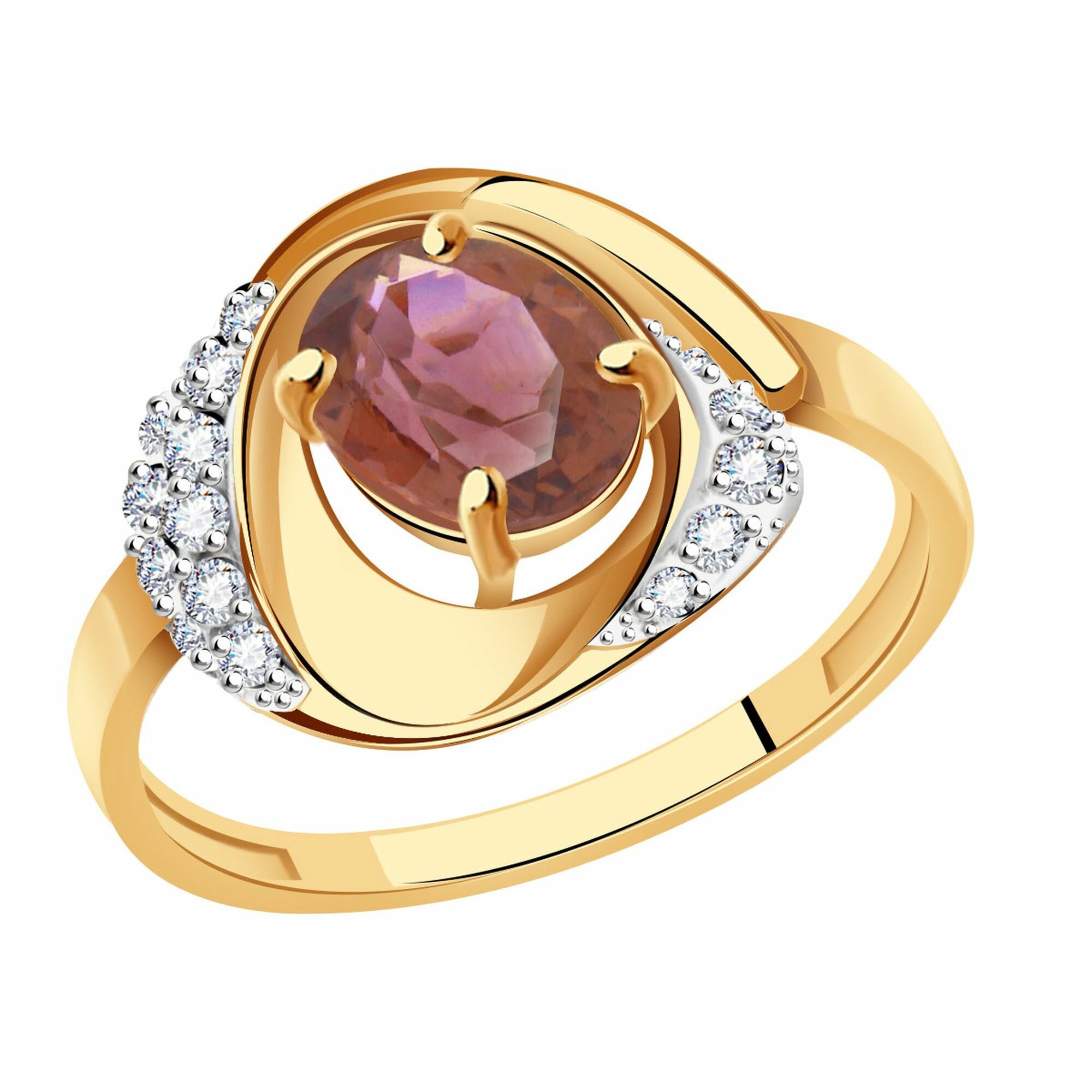 Кольцо, красное золото, 585 проба, родолит, фианит