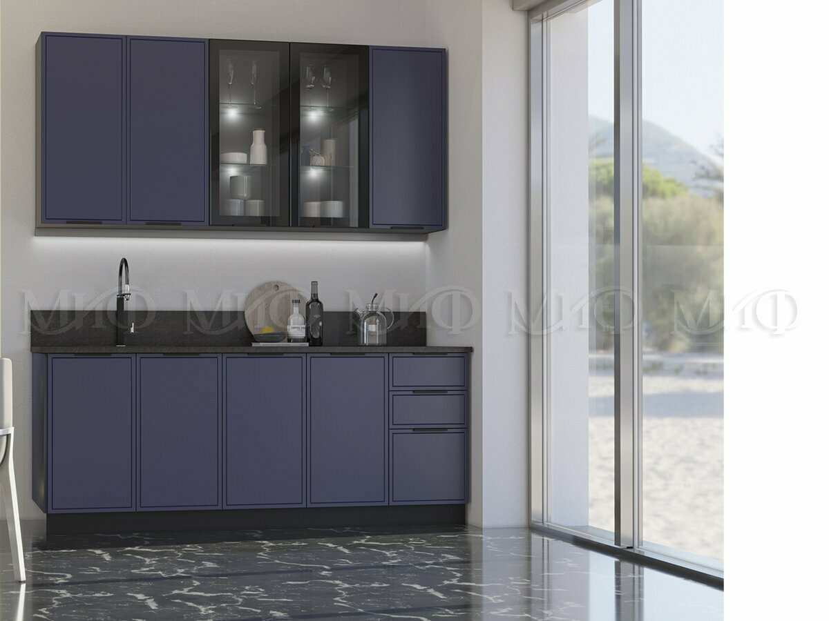 Кухня прямая с высокими шкафами Миф Николь 2,0/900 Холст сапфировый, графит / столешница Кастилло темный