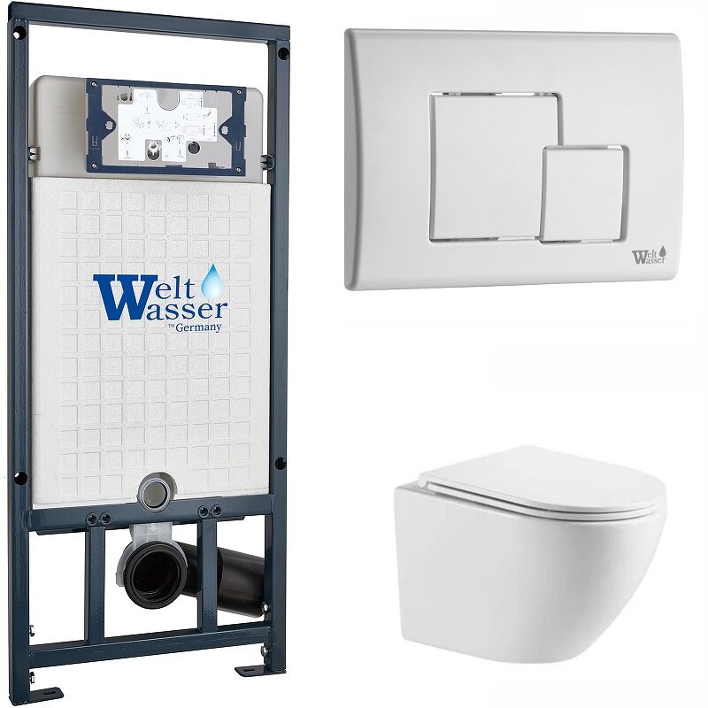 Унитаз подвесной WeltWasser MARBERG 507+MERZBACH 043 XL GL-WT+MAR 507 SE GL-WT белый/кнопка белая, безободковый, с крышкой микролифт, с инсталляцией, слив торнадо