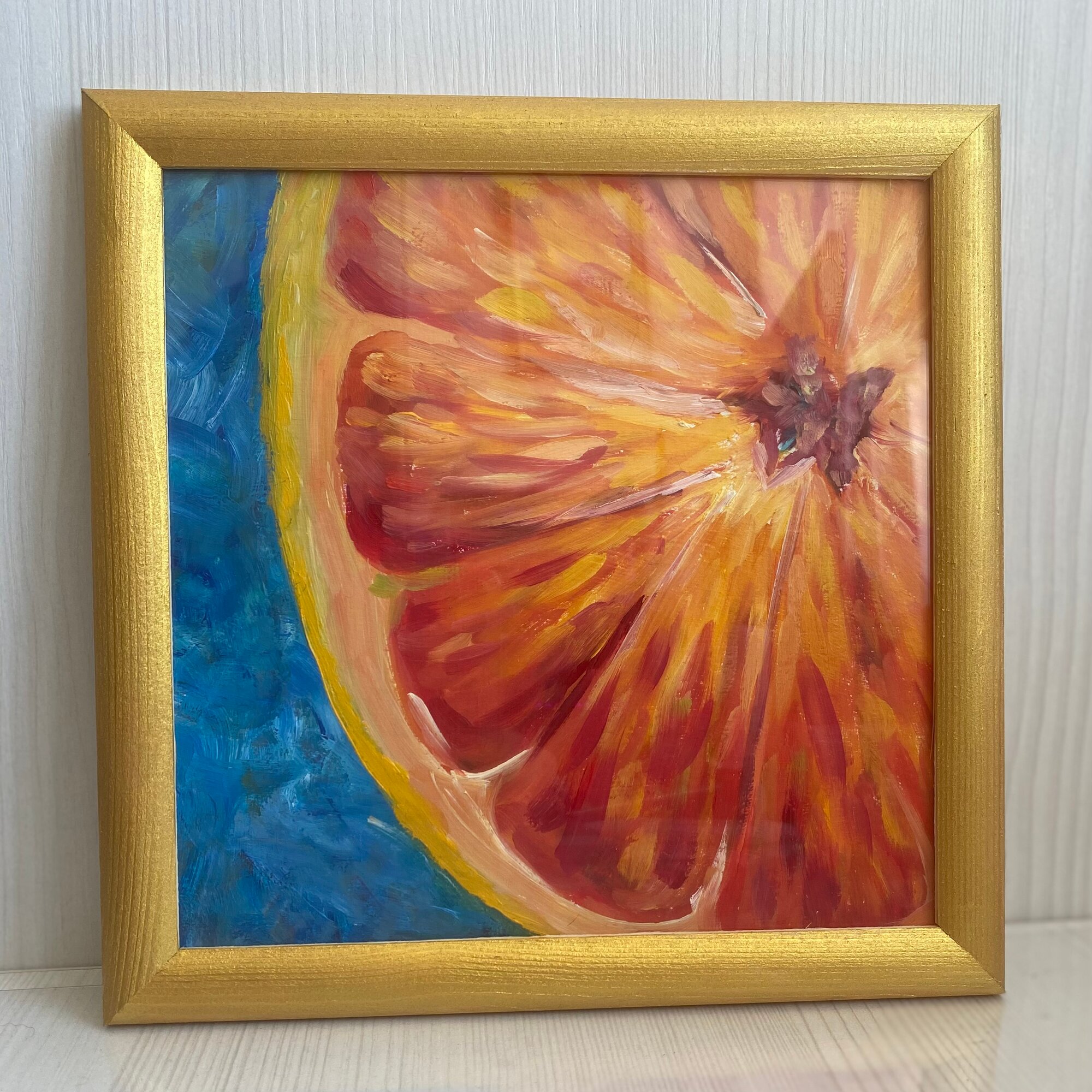 Картина ручной работы «Сочный апельсин», холст на картоне 20*20 см, в раме