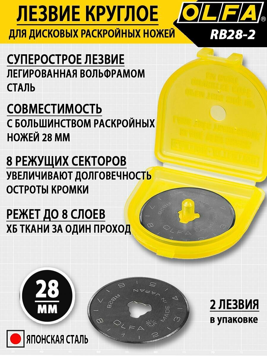 Лезвия круглые OLFA RB28-2 28 мм 2 штуки для круговых (дисковых раскройных) ножей, 8 режущих секторов