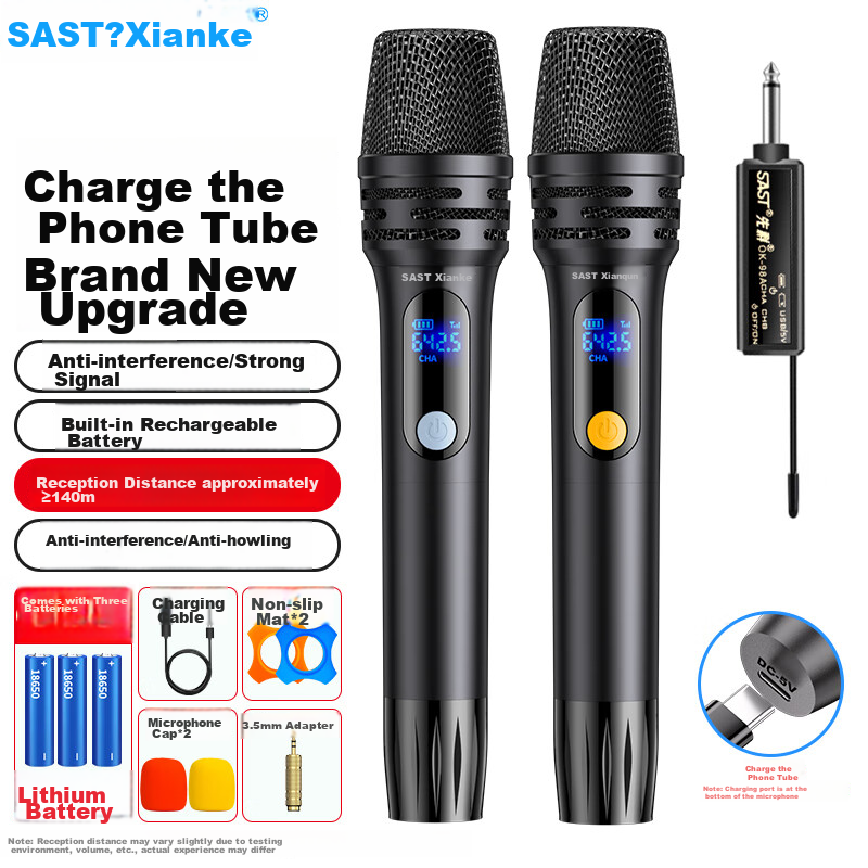 SAST OK-98 Rechargeable Wireless Microphone, UHF Band, for Home KTV, Singing, Stage Hosting, Lecturing, Karaoke, Meetings, Speaker, Amplifier, FM, Universal, Dual-Channel, Metal Microphone