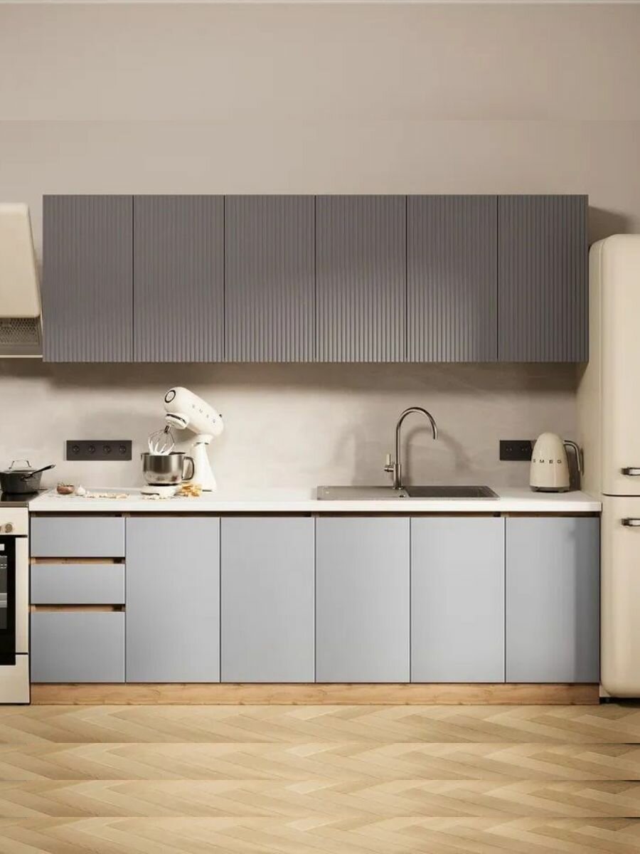 Кухонный гарнитур Игни Ника 2,4 м без столешницы 2400х2160х477, Дуб вотан/Графит софт/Серый софт