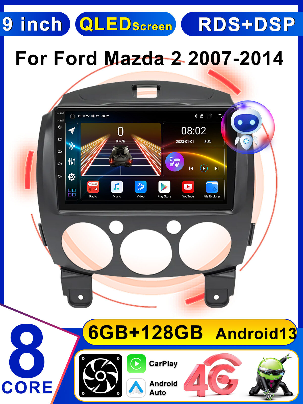 Магнитола для Автомагнитол Mazda 2 2007-2014 2 DIN-Android Auto Carplay 9-дюймовое головное устройство Android FM RDS WIFI 4G 8 Core