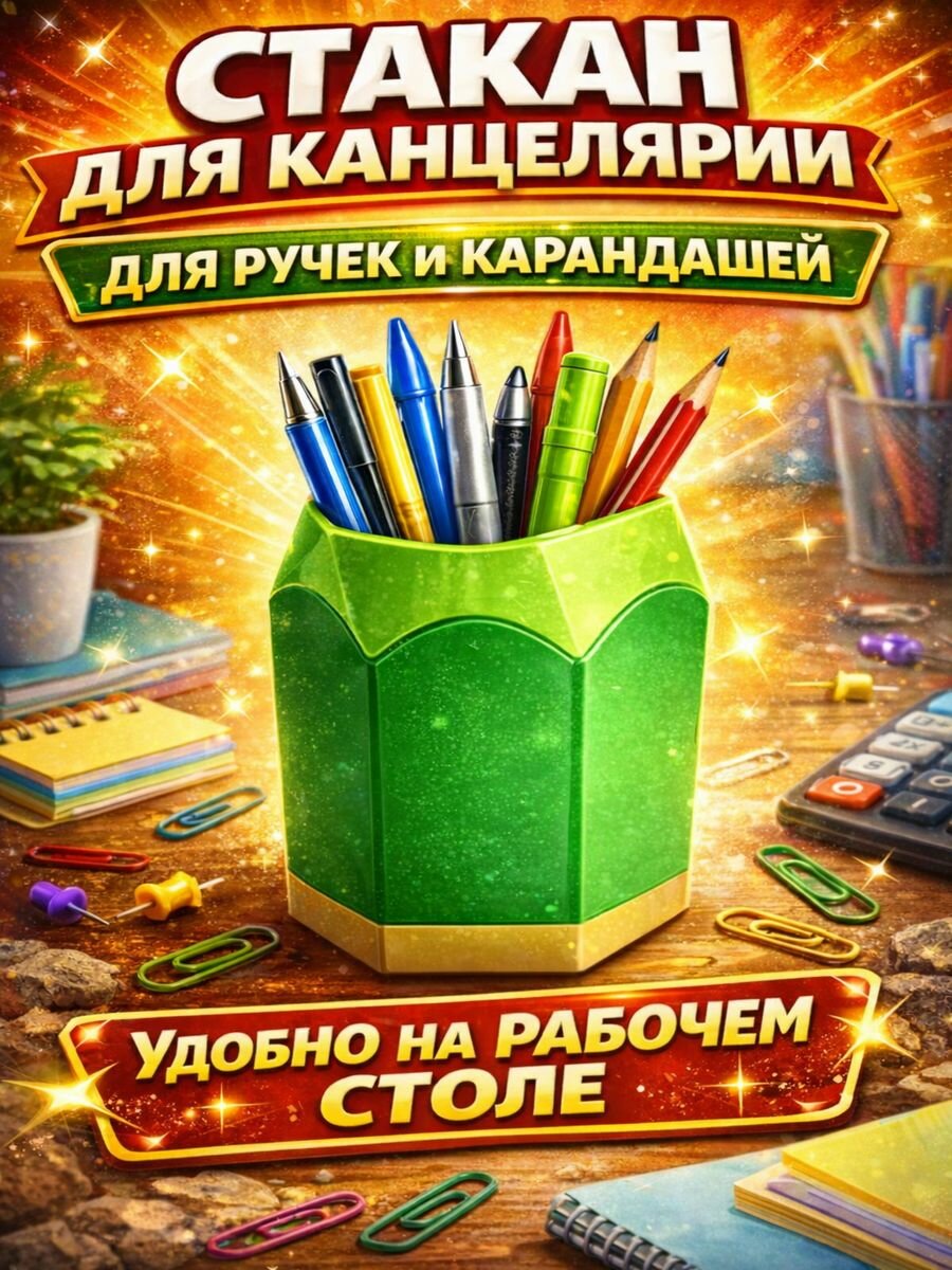 Стакан пластиковый канцелярский в виде карандаша зеленый.