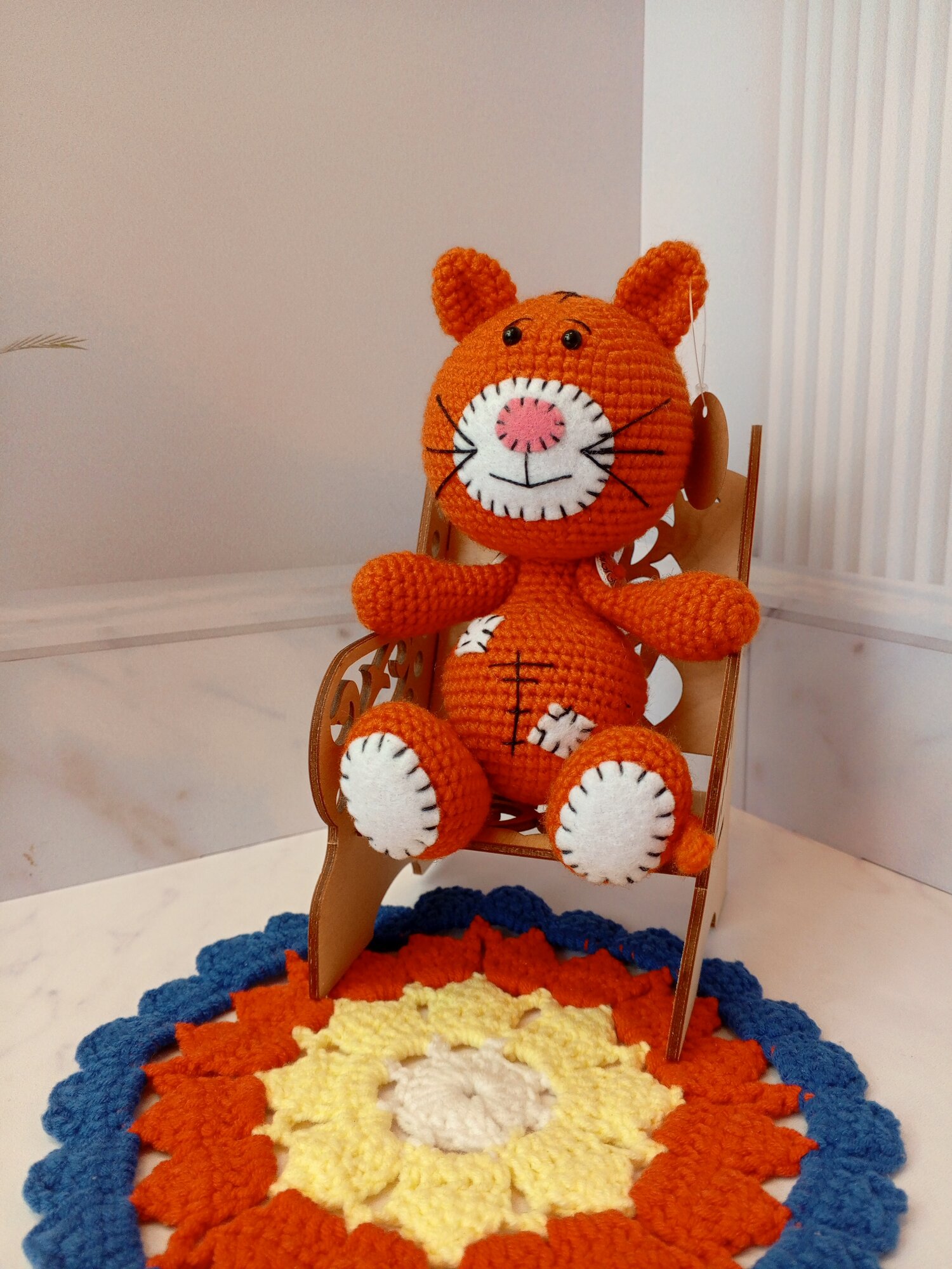 Вязаная игрушка котик "рыжик Тедди", ручная работа, 18 см, детская гипоаллергенная пряжа