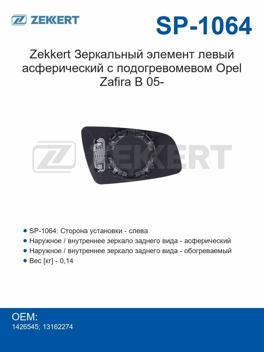 Zekkert Зеркальный элемент левый асферический с подогревом Opel Zafira B 05-
