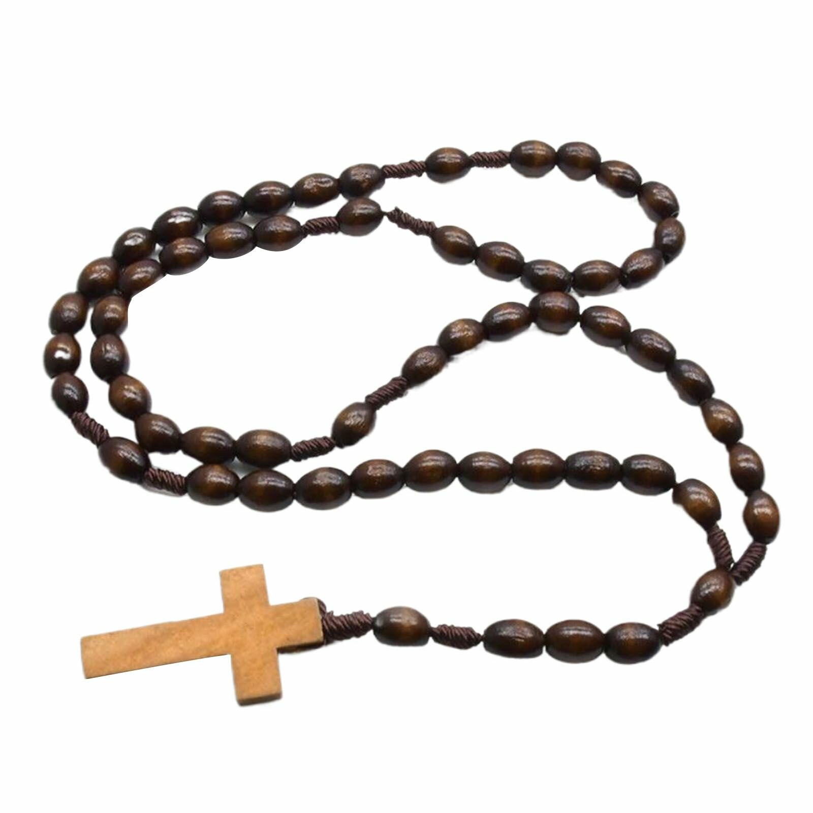 Натуральные деревянные четки с распятием гладкими бусинами и подвеской