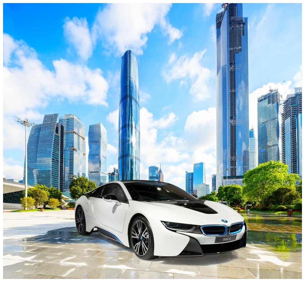 Фотообои Уютная стена "БМВ на фоне небоскребов" 290х270 см Бесшовные Премиум (единым полотном)