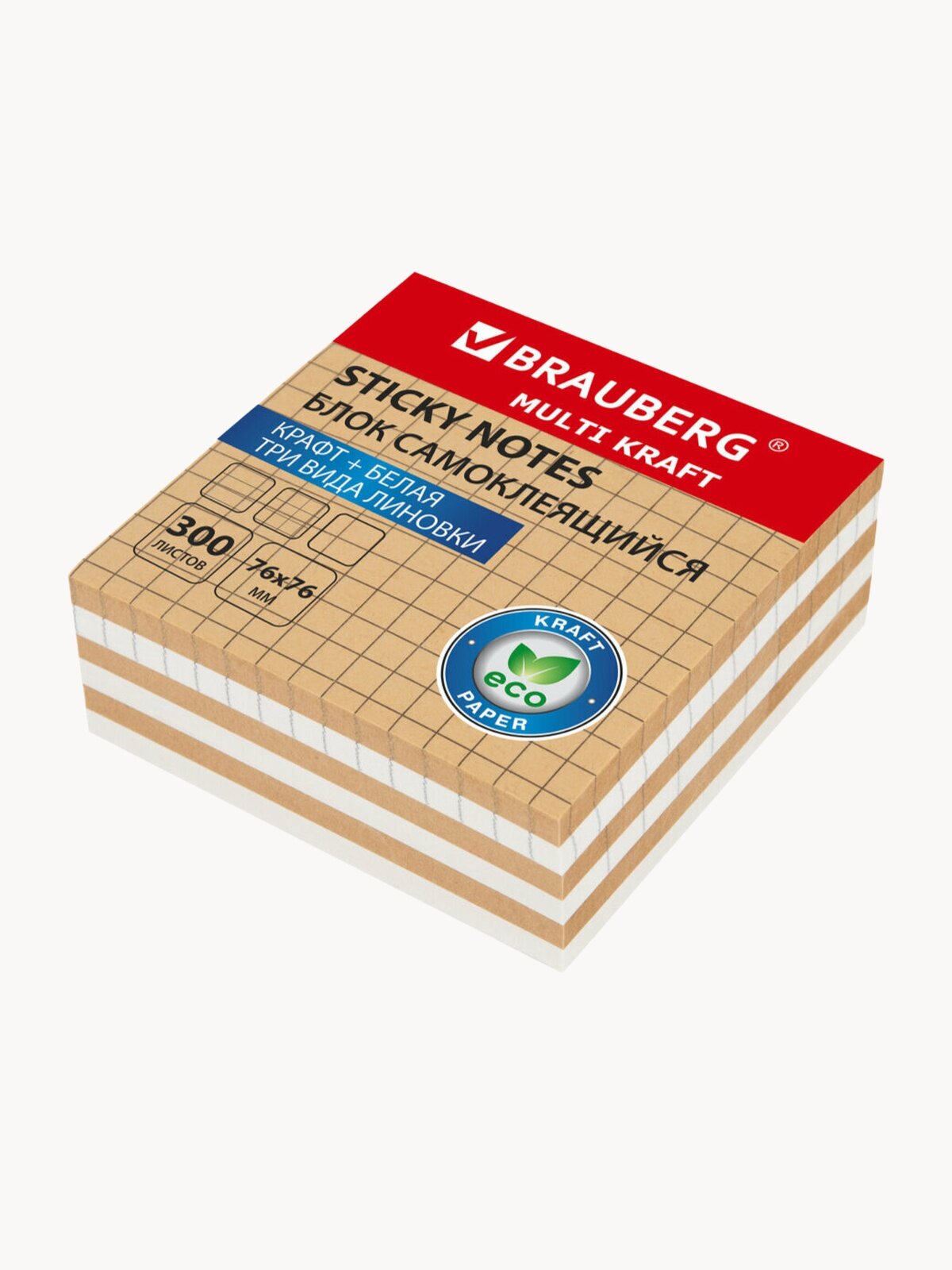 Блок для записей, бумага (листы, стикеры) для заметок самоклеящийся крафтовый Brauberg, Multi Kraft 76х76 мм, 300 листов, 115209