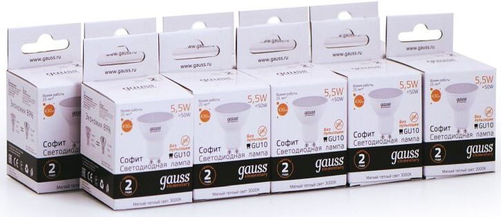 Лампа светодиодная Gauss Elementary MR16 5.5Вт цок: GU10 спот 220B 3000K св. свеч. бел. теп. (упак:10ш