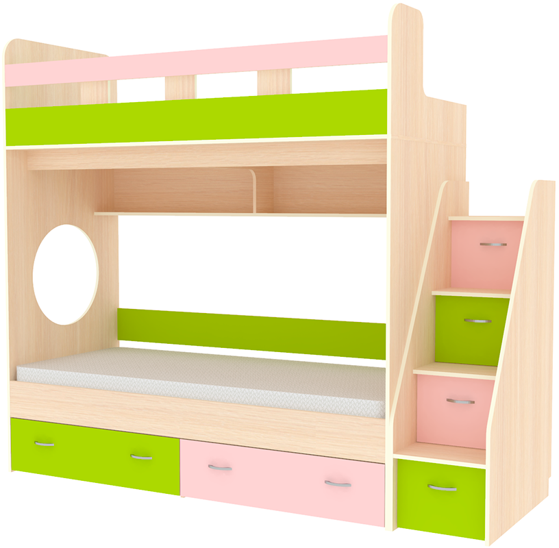 Двухъярусная кровать Юниор 1 80x160 Дуб Молочный Розовый/Лайм