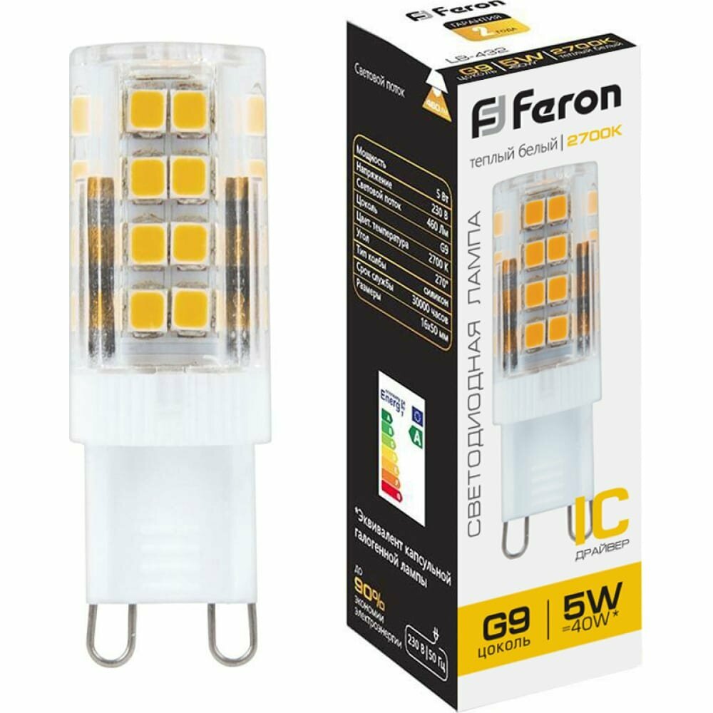 Светодиодная лампа FERON 5W 230V G9 2700K, LB-432 25769