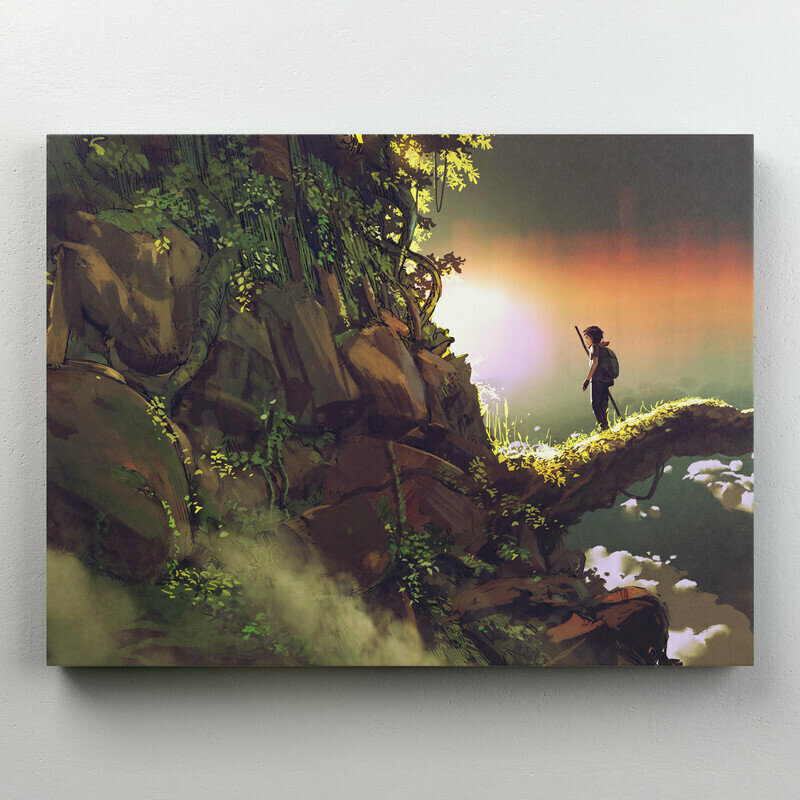 Интерьерная картина на холсте "Маленький путешественник стоит на каменном мосту" размер 30x22 см