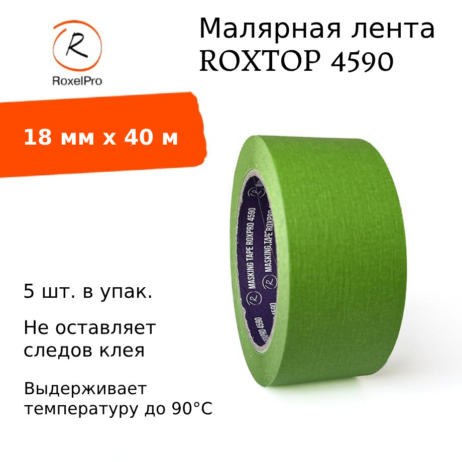 RoxelPro Малярная лента ROXPRO 4590, зелёная, 18мм х 40м, 5 шт. упак.