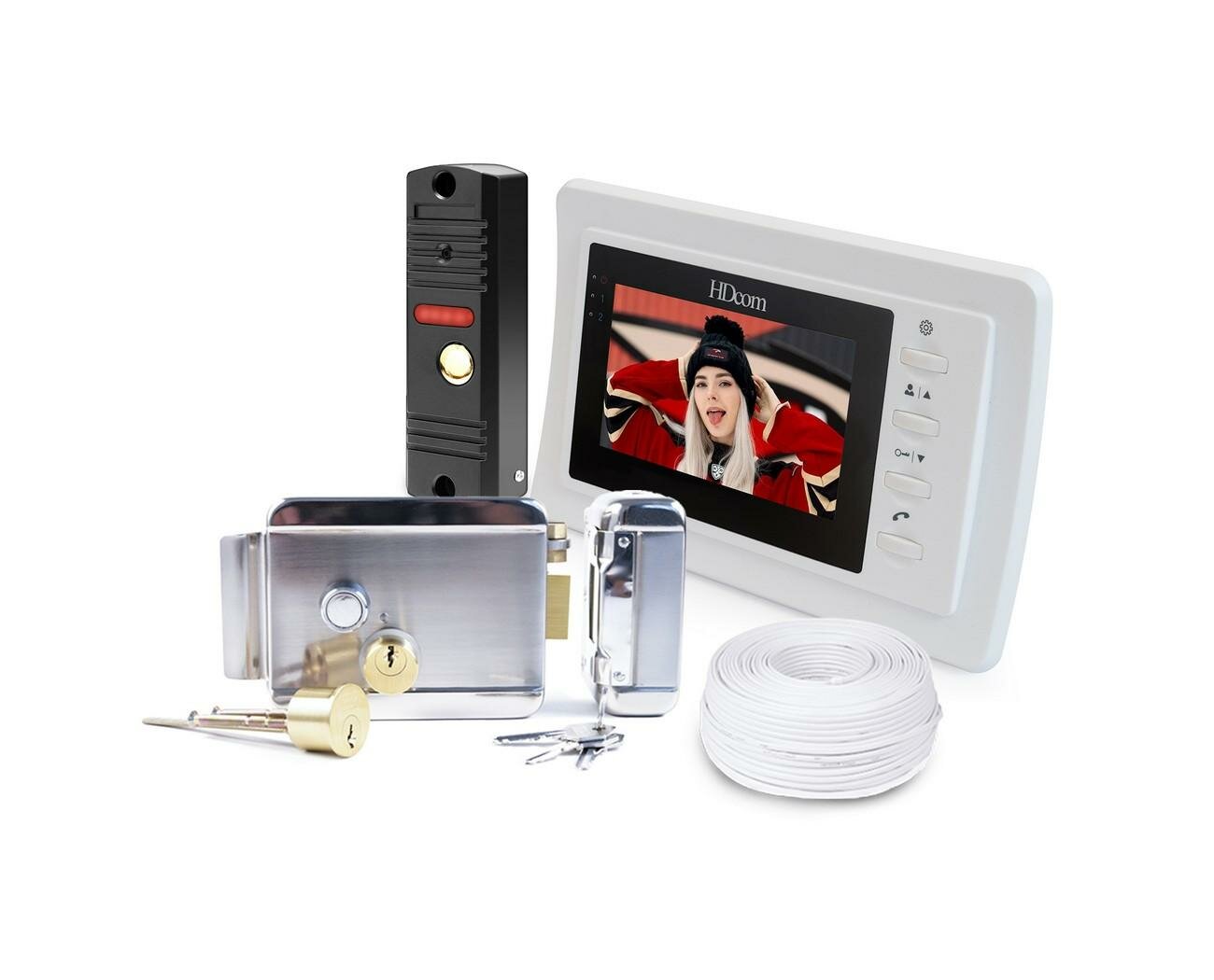 Набор: цветной домофон HDком W417NM и AX042 (белый) (O42615NA) и вызывная панель для дома - электромеханический замок на калитку с домофоном