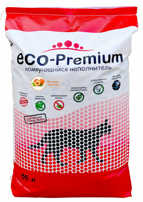 ECO-Premium наполнитель древесный комкующийся с ароматом персика - 55 л (20,2 кг)