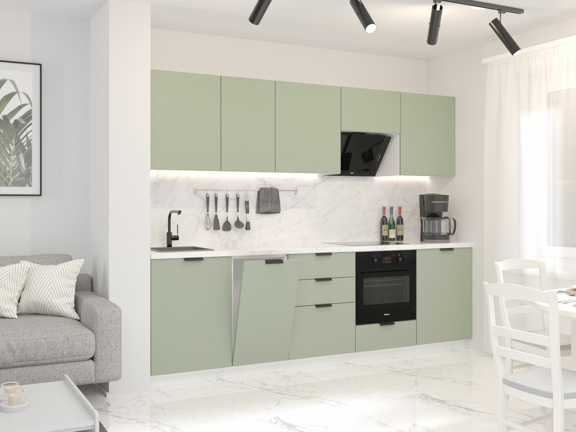 Кухонный гарнитур 2850 мм, Зеленый матовый