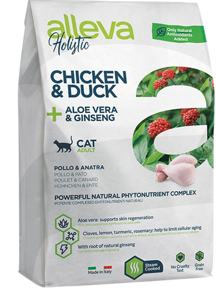 Сухой беззерновой корм Alleva Holistic Adult для взрослых кошек, с курицей, уткой, алоэ вера и женьшенем, 400 гр