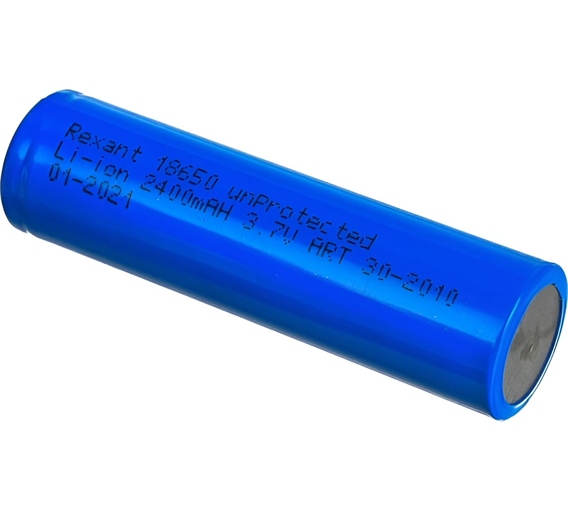 Аккумулятор REXANT Li-ion 18650, без платы защиты, плоский контакт, 2400 mAH, 3.7 В {30-2010} (1 шт)