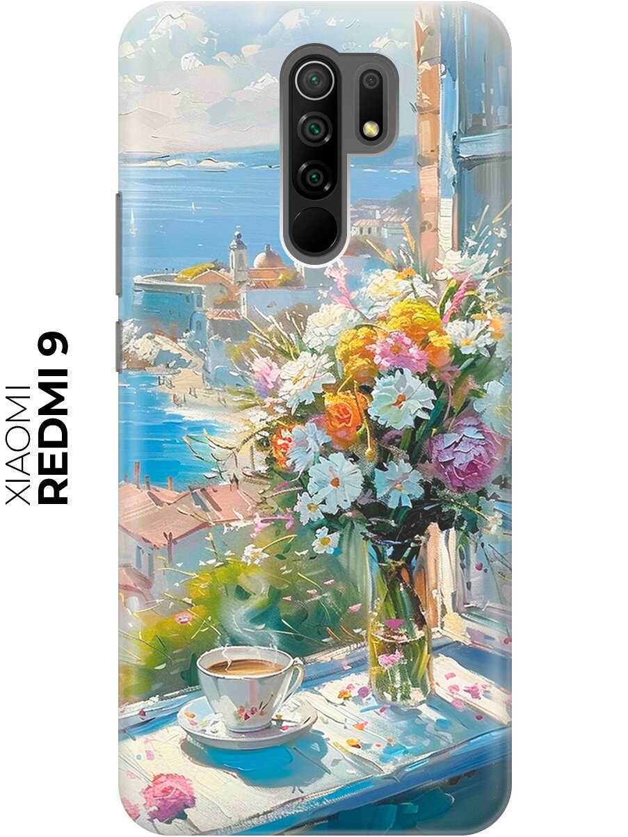 Силиконовый чехол на Xiaomi Redmi 9 с принтом "Букет цветов и кофе"
