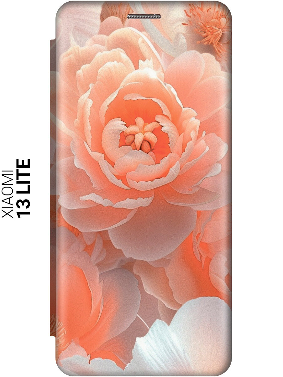 Чехол-книжка на Xiaomi 13 Lite с принтом "Персиковые пионы" золотой