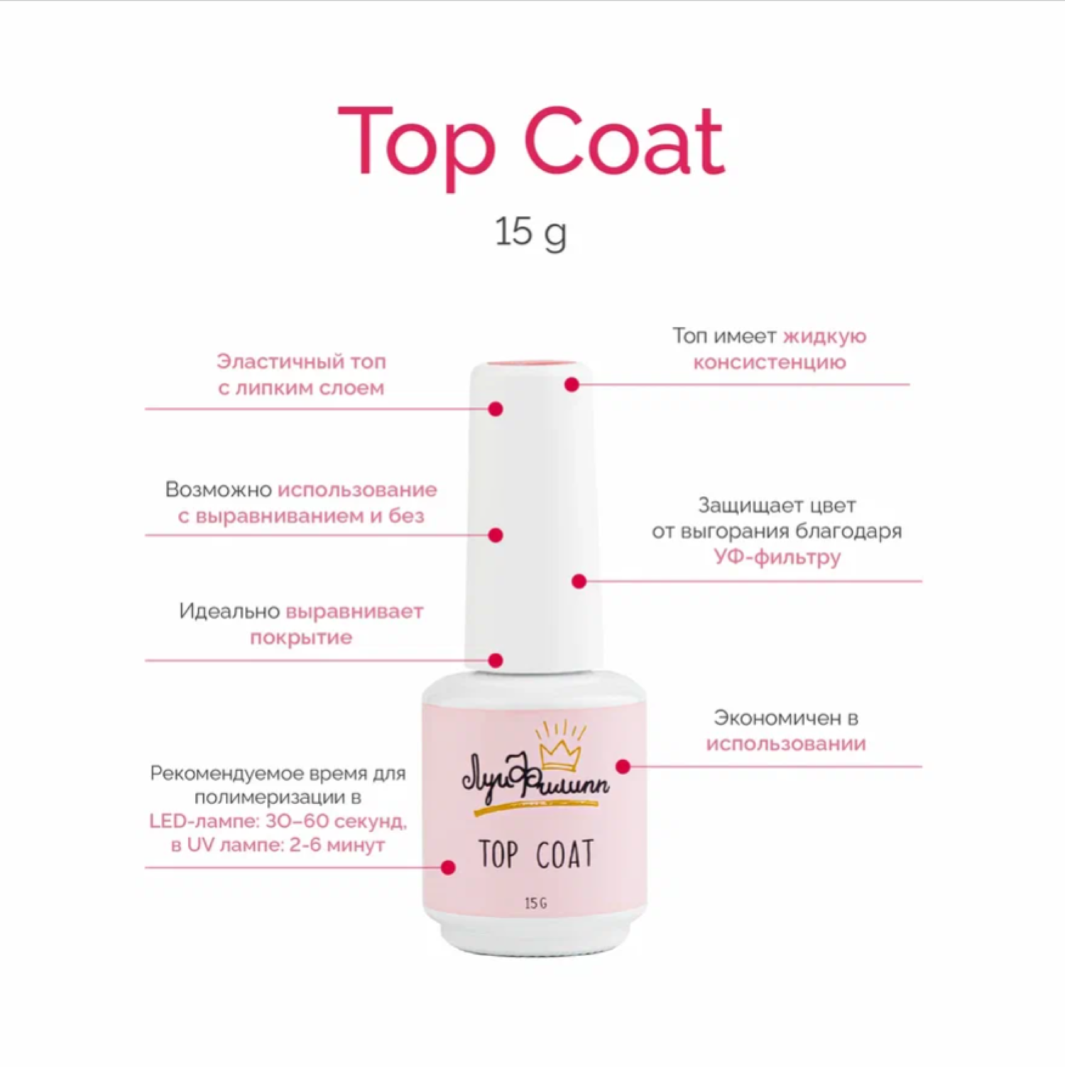 Прозрачный топ с липким слоем для ногтей Луи Филипп Top Coat, 15 г