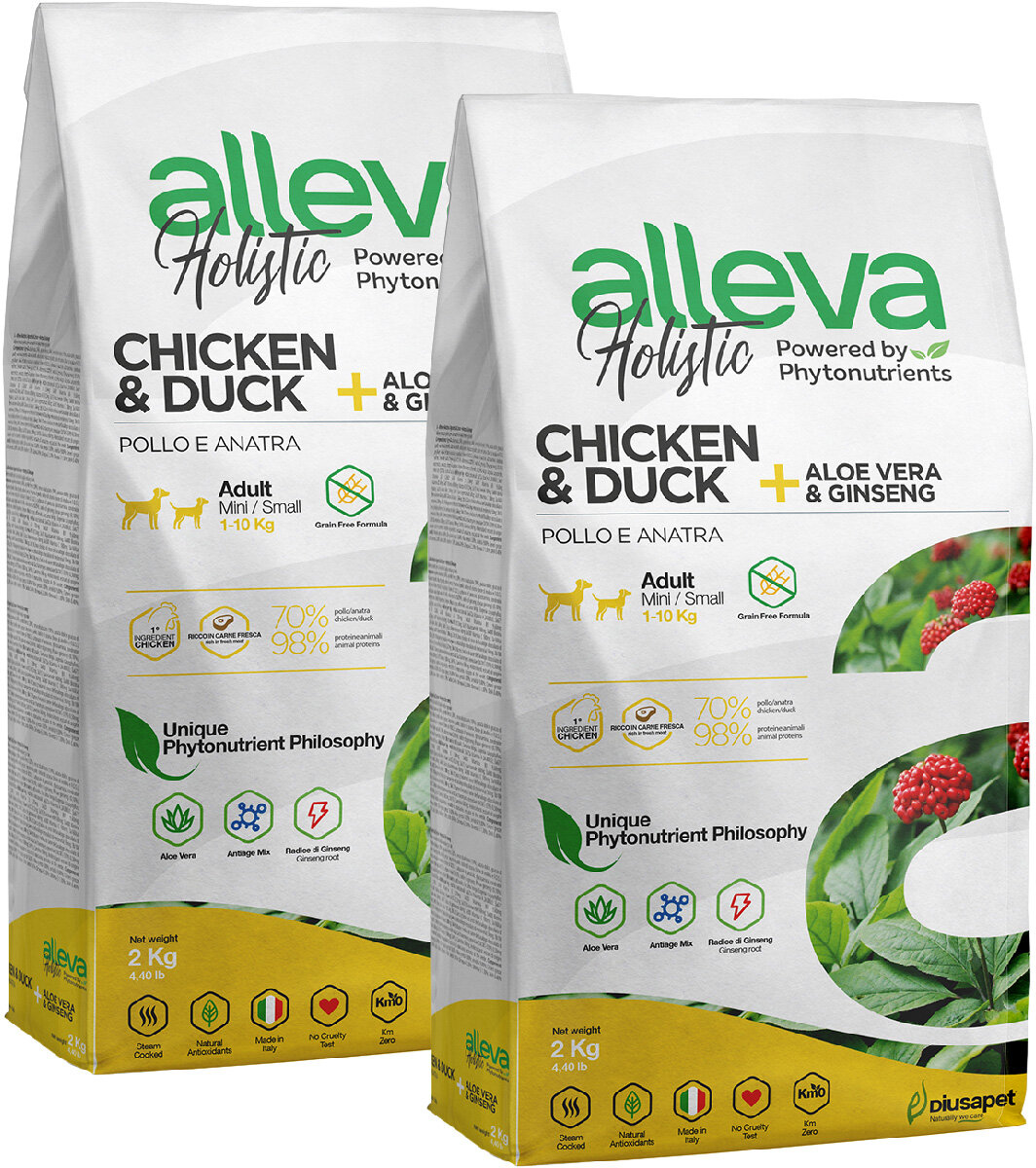 ALLEVA HOLISTIC ADULT DOG MINI CHICKEN & DUCK беззерновой для взрослых собак маленьких пород с курицей, уткой, алоэ вера и женьшенем (2 + 2 кг)