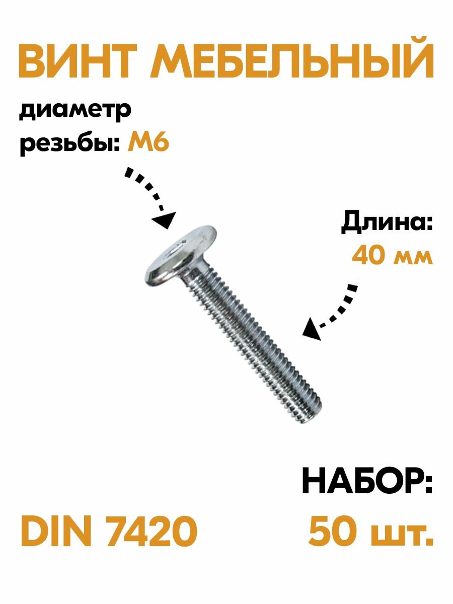 Винт мебельный с плоской головкой и внутренним шестигранником М6х40 мм DIN 7420, оцинкованная сталь, 50 шт.