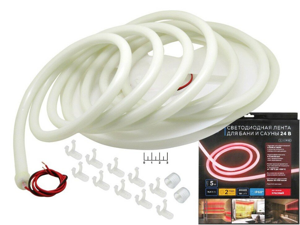 Светодиодная лента 24V красная 5м водонепроницаемая 60W (14.4W/120LED/1м)(IP68)(2835)(-30.+100C)