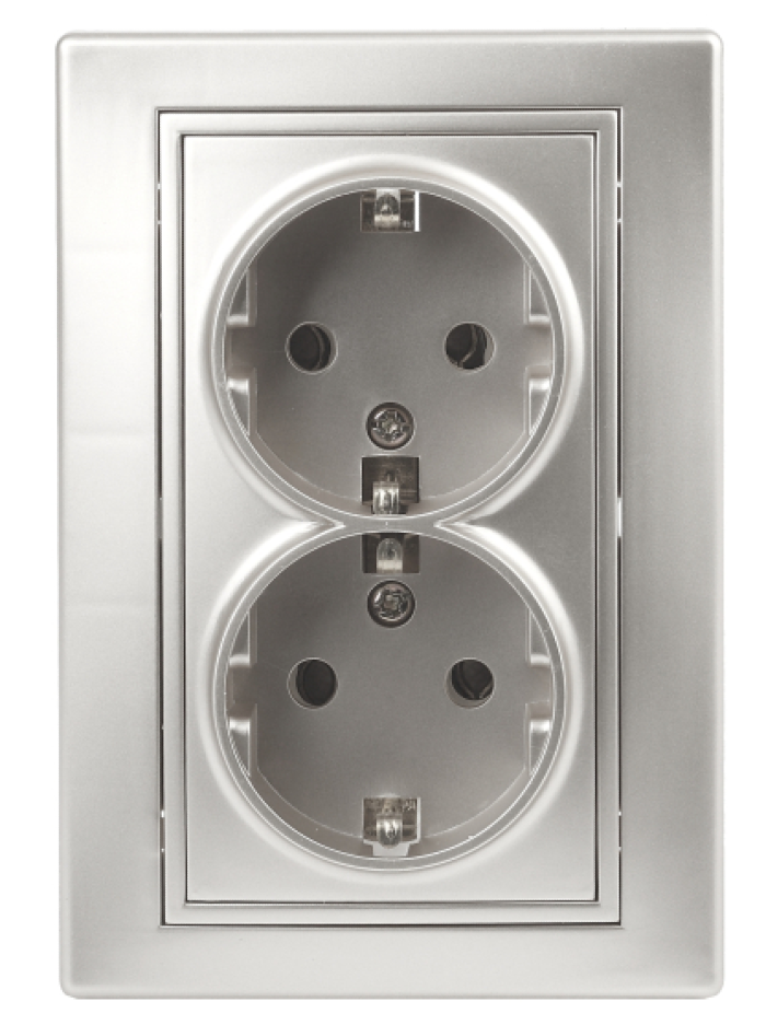 Розетка силовая штепсельная ЭРА Intro Plano 1-205-03, двойная 2X2P+E Schuko, 16А 250В IP20, алюминий, скрытой установки с заземлением, Б0053917