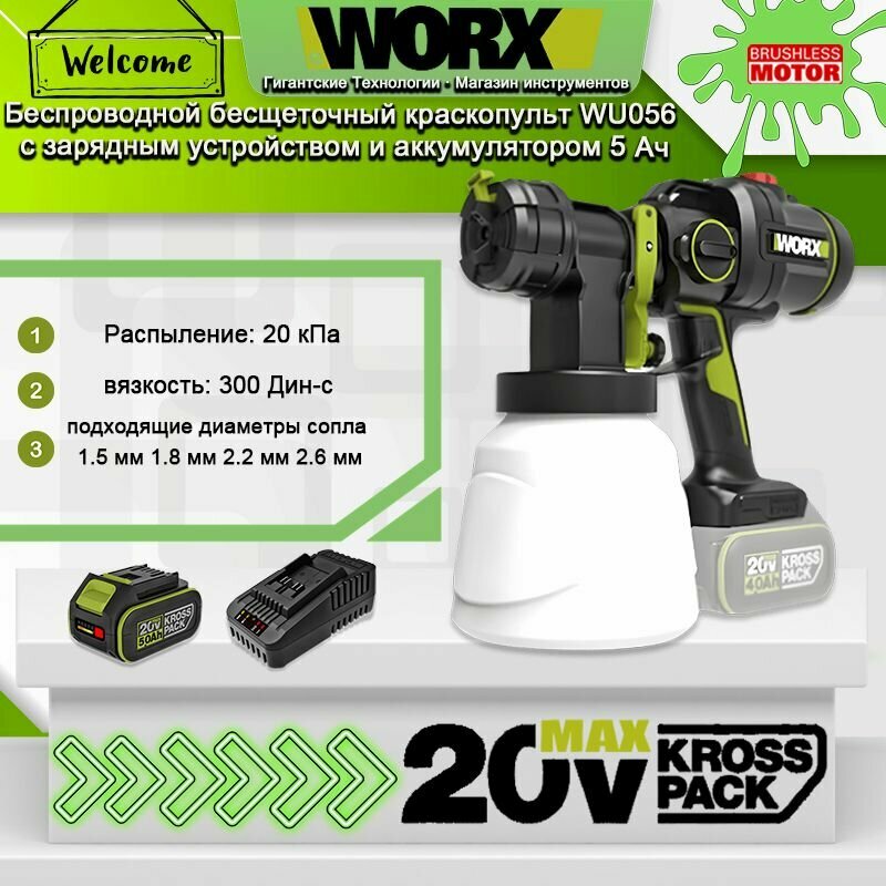 WORX Краскопульт/Аккумуляторный электрический Краскопульт WU056,20V,1000мл, c аккумулятором 5.0 и зарядным устройством