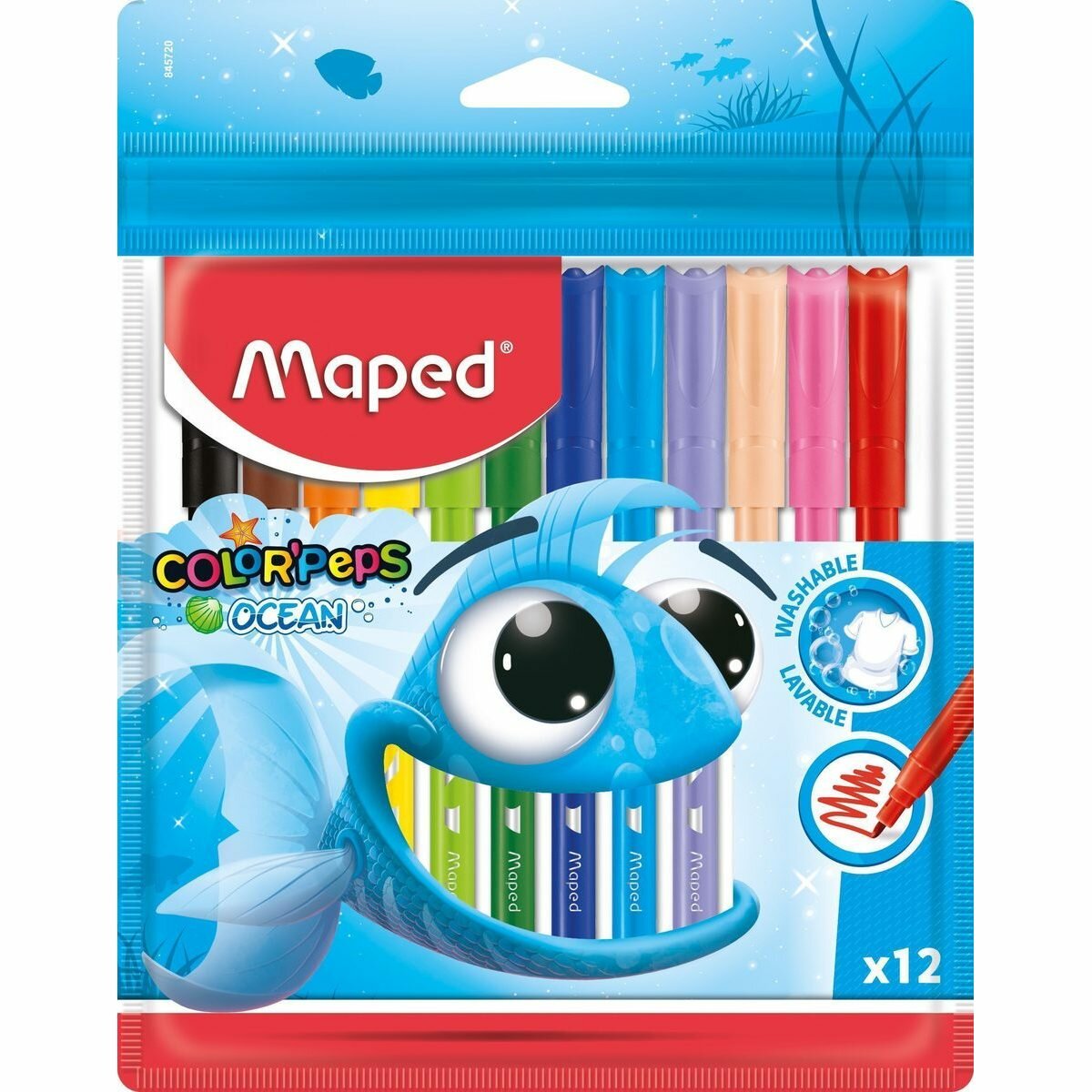 Набор фломастеров 12 цветов Maped Color'Peps Ocean (линия 2мм, смываемые) пвх-упаковка (845720), 96 уп.