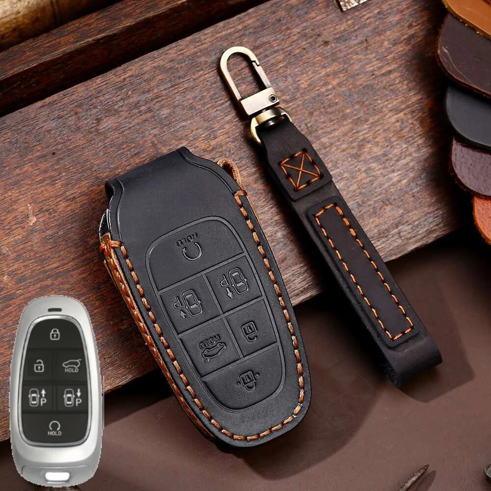 Кожаный чехол для автомобильного ключа ручной работы, чехол для Hyundai Santa Fe/ Sonata/Tucson, 6 кнопок, автомобильный брелок, чехол, чехол, держатель 6 Buttons Black