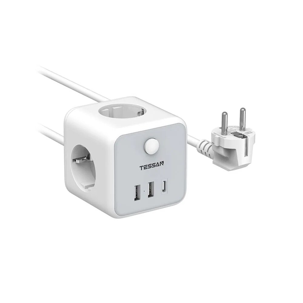Tessan TS-301-C grey сетевой фильтр 3 евророзетки + 3 usb порта (2xusb-a, 1xusb-c)