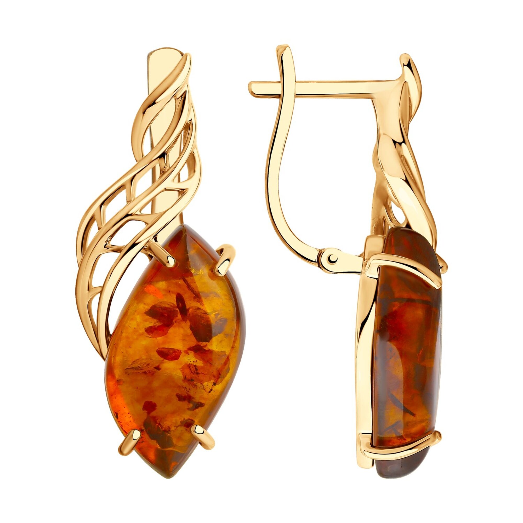 Серьги, красное золото, 585 проба, янтарь