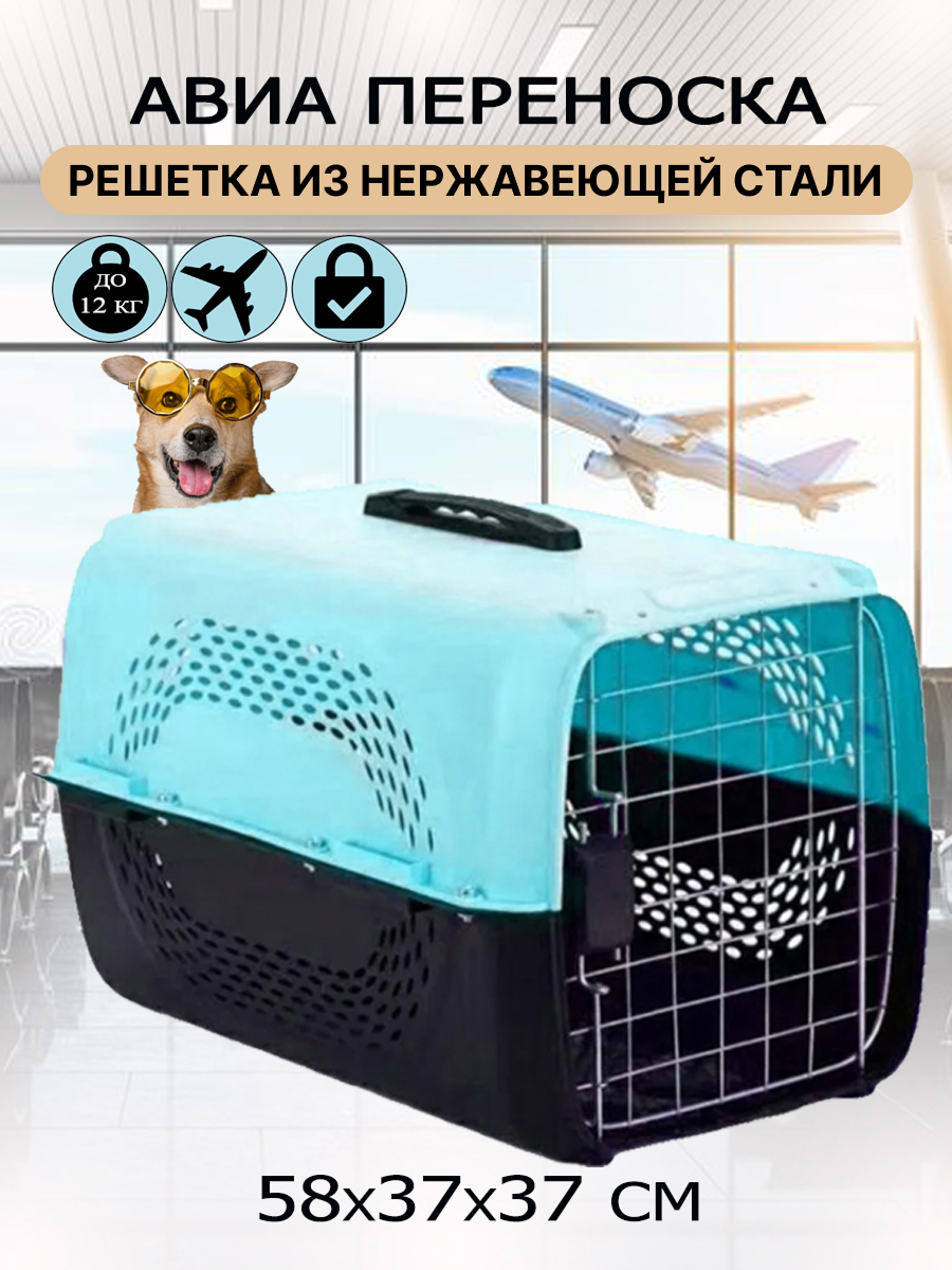 Переноска для животных "Чистый котик" 58х37х37 см, до 12 кг, нержавеющая сталь, голубой KD
